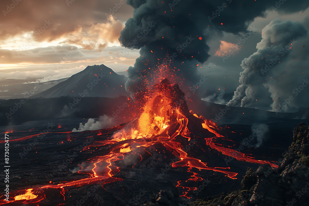 Cataclysmic volcanic eruptions releasing magma, ash, and gases ...