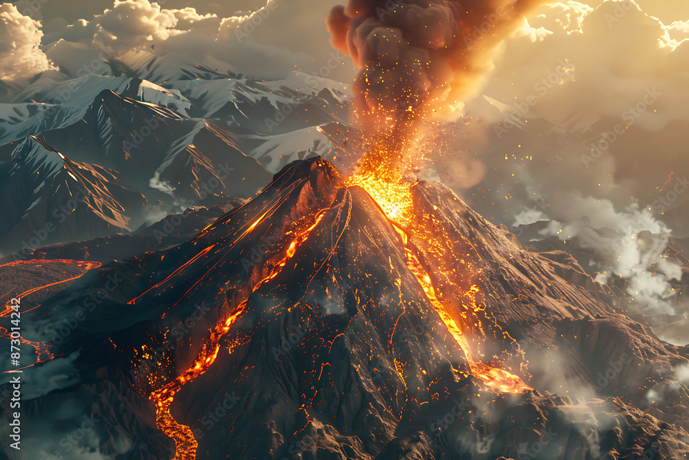 Cataclysmic volcanic eruptions releasing magma, ash, and gases ...