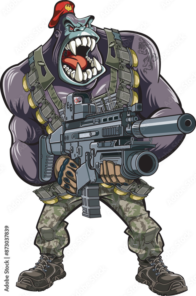 Cartoon style gorilla in military gear holding assault rifle with ...