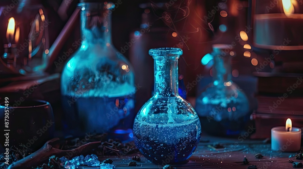 Moody and mystical laboratory scene with bubbling blue potion in glass ...