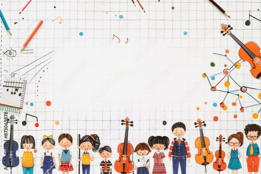 Cartoon children holding musical instruments in a playful classroom ...