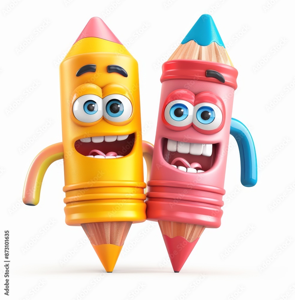 Laughing cartoon school pencil and eraser characters on white ...