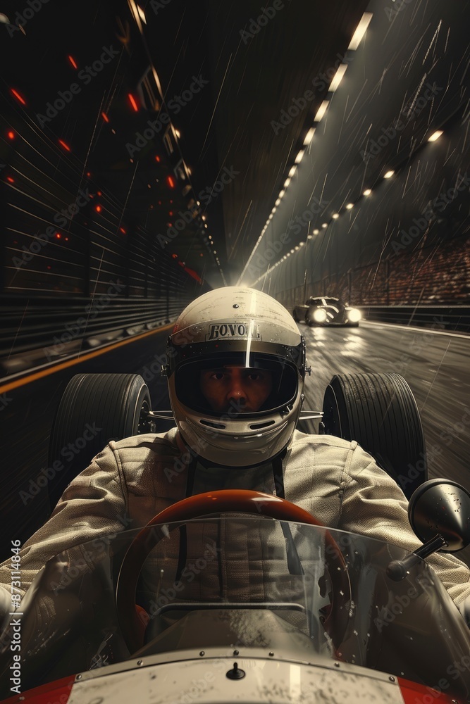 Design an illustration of a race car driver's helmet and face in front ...