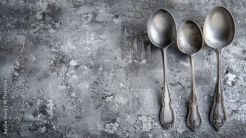 Large aluminum spoons displayed on a concrete backdrop for food ...