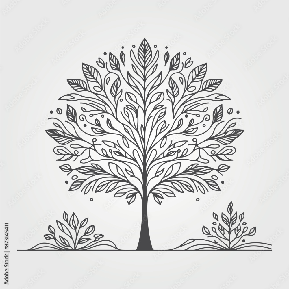 silhouette tree line drawing set, Side view, set of graphics trees ...