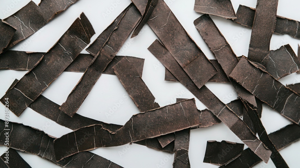 Dark brown paper strips with rugged, torn edges scattered randomly ...