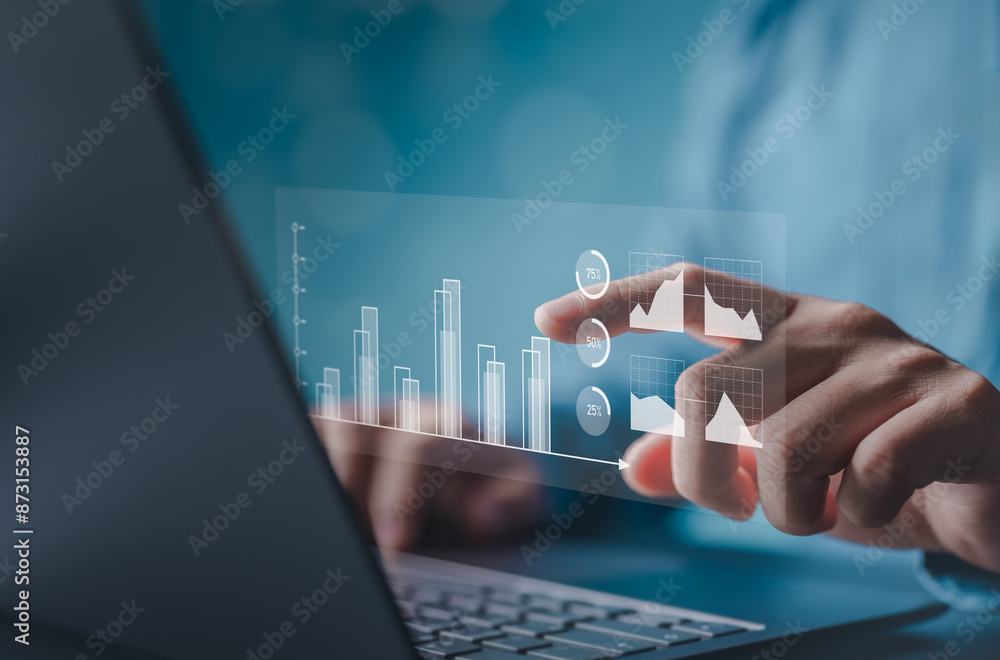 Finance and return on investment concept. Man touching on a virtual ...