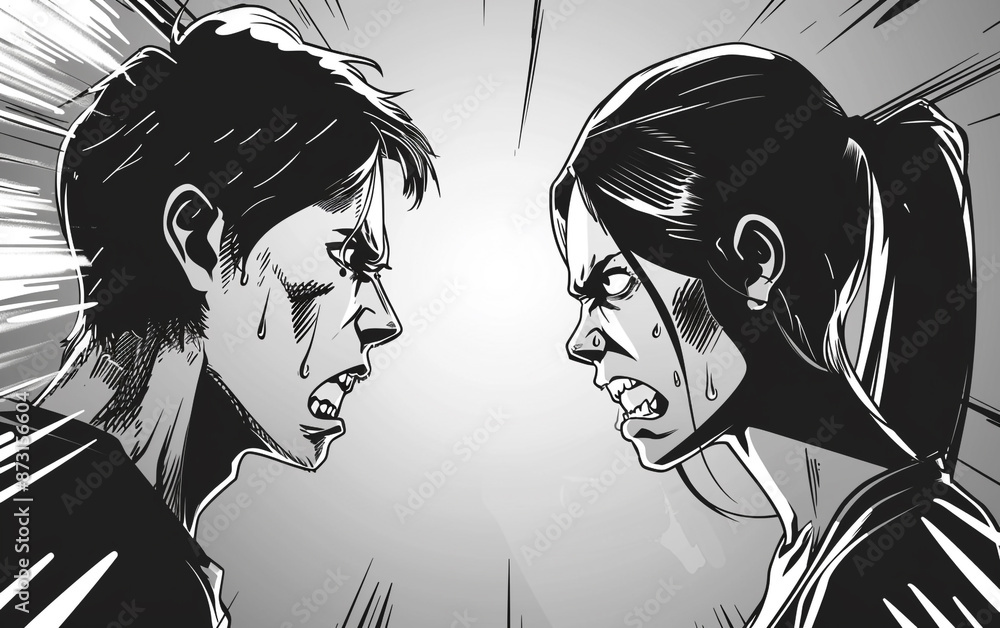 Monochrome cartoon-style image with strong emotional expressions ...