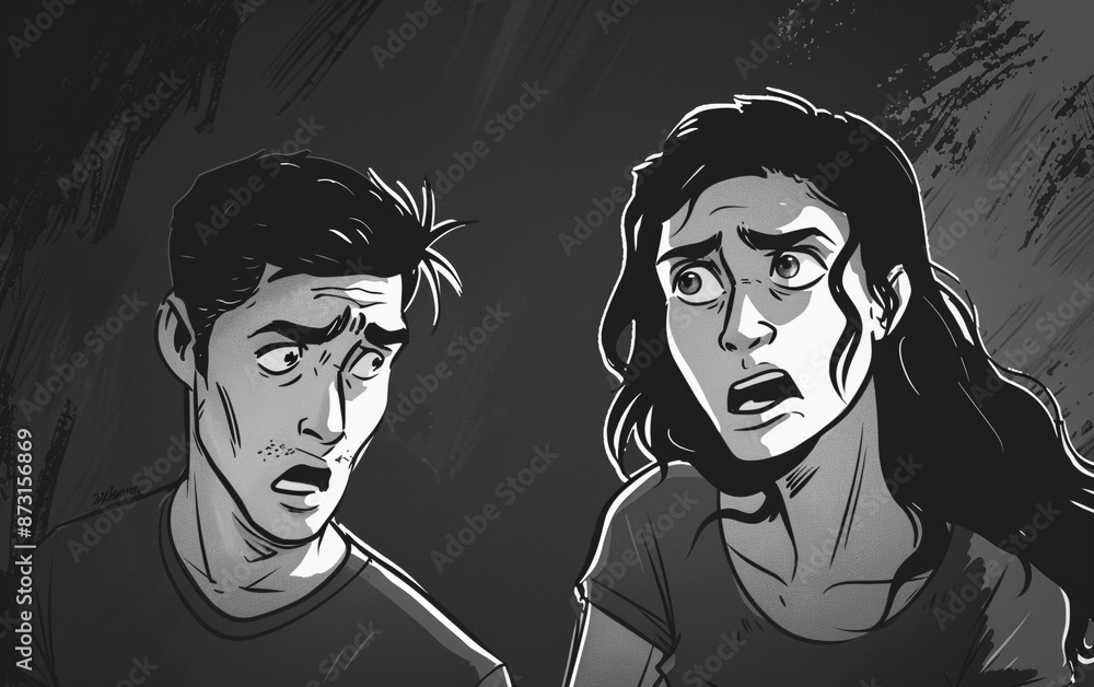 Monochrome cartoon-style image with strong emotional expressions ...