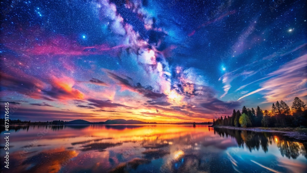 Vibrant colors of sunset fade into soft blues and purples of night sky ...