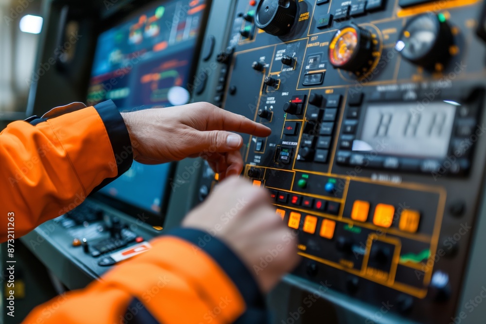 Operator interacting with a detailed control panel, adjusting and monitoring various system ...