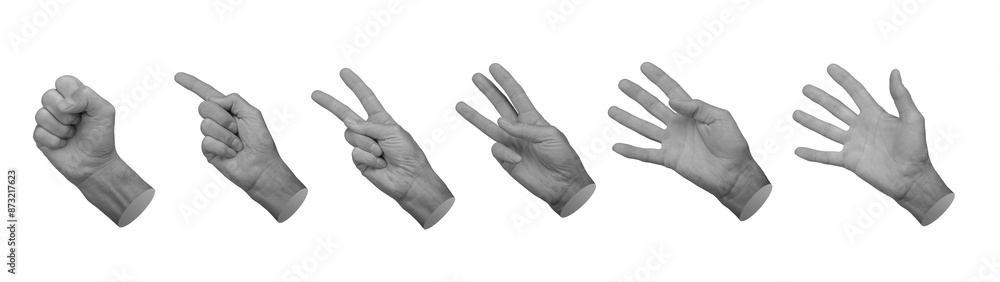 Counting fingers set from null zero fist to one, two, three, four and ...