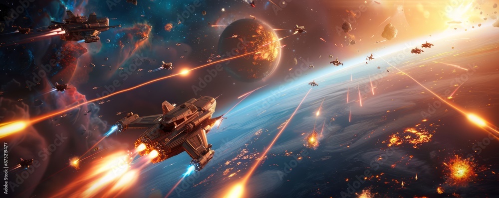 a futuristic space battle scene with starships engaged in combat, laser ...