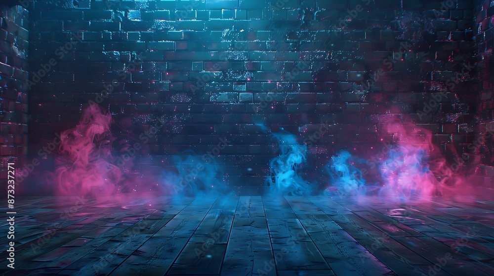 Gloomy dark basement room, worn brick walls, blue sparks of fire, light ...