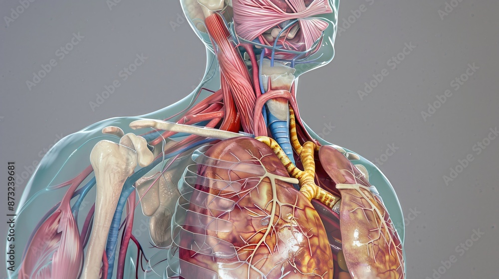 Detailed human thorax highlighting muscles, veins, bones, and lungs ...
