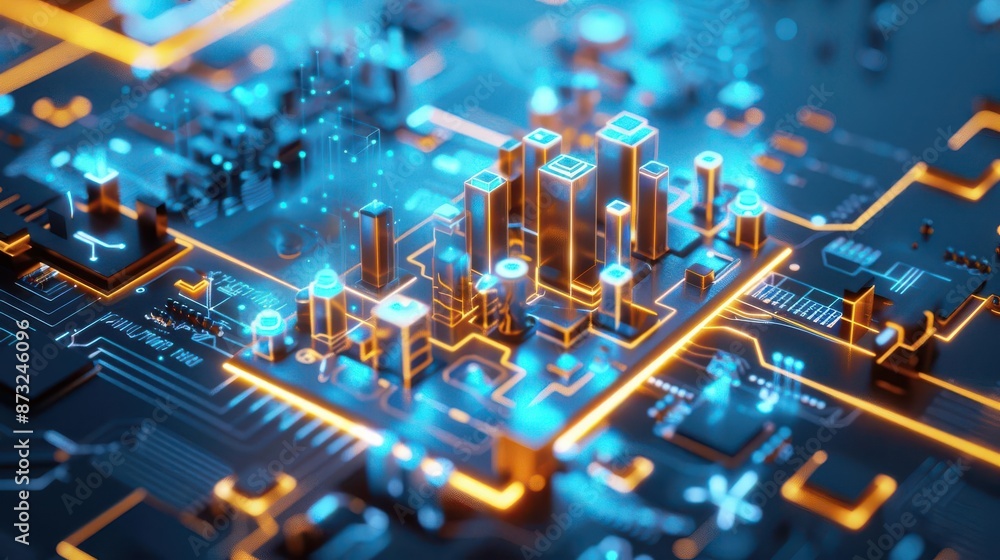 Digital art of a cityscape with strategic zones highlighted by glowing ...