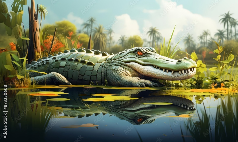 Alligator lying motionless flat design side view wetland theme 3D ...