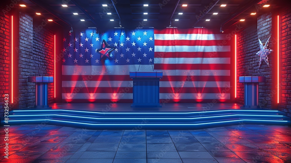 Political rally stage podium with political banners, rally crowd, and ...