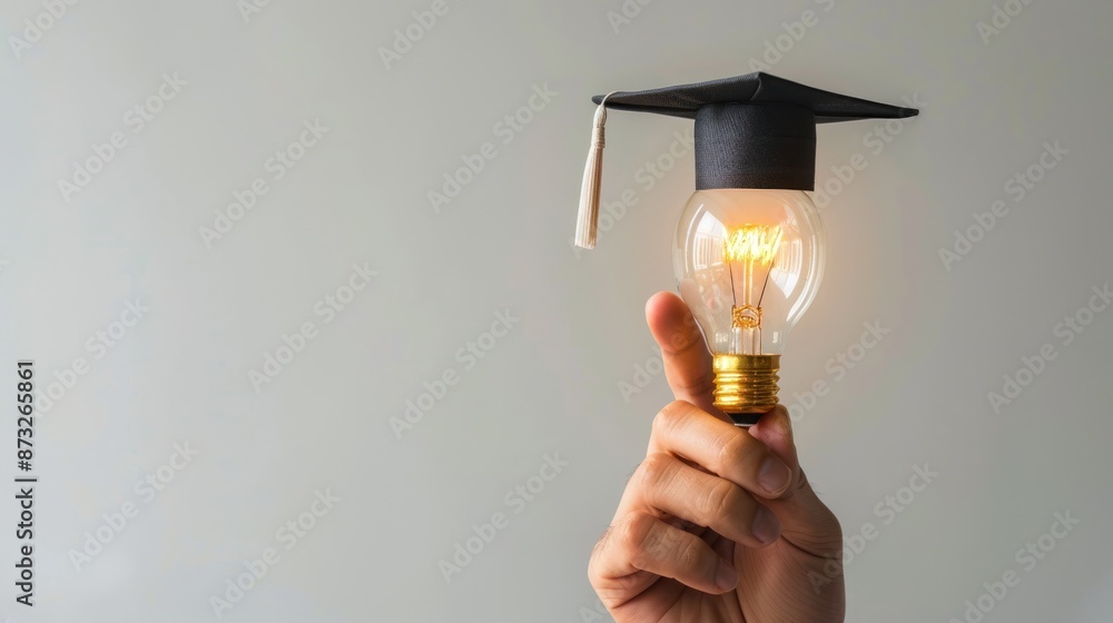 Hand holding a light bulb wearing a graduation cap, symbolizing education, innovation, and ...