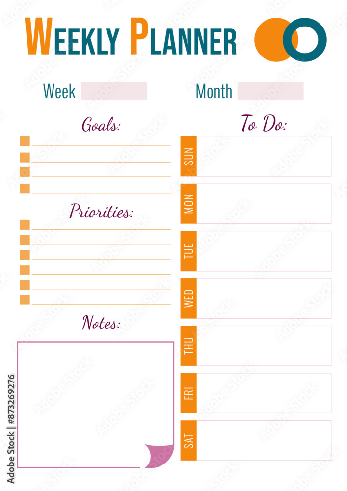 Weekly Planner Template. Vertical A4 format Weekly personal plan with ...