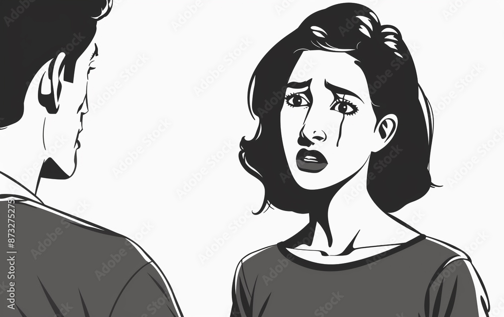 Expressive black and white cartoon-style image, showing a distressed ...