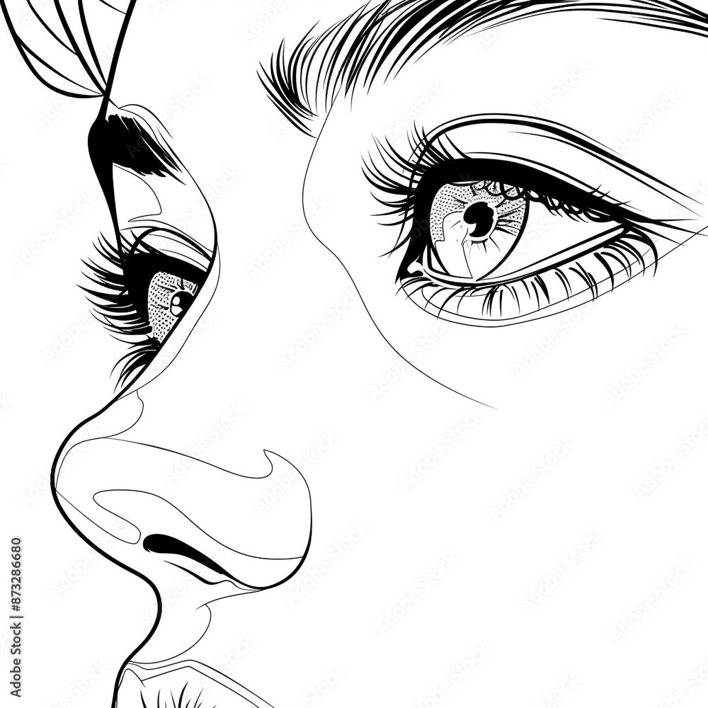 Closeup line-drawing comic on white background, minimalist cartoon ...