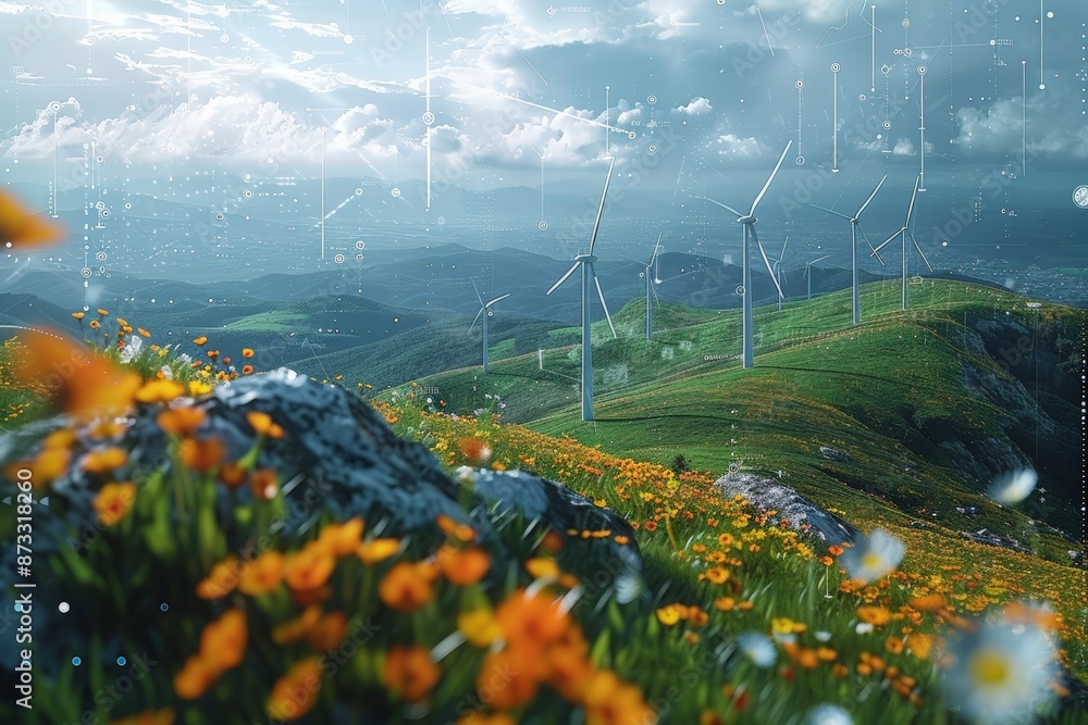 Aerial view of wind turbines on rolling green hills, with augmented ...