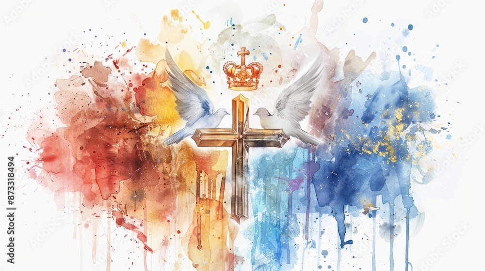 Holy Trinity symbols. Cross, crown and dove of Holy Spirit on the ...