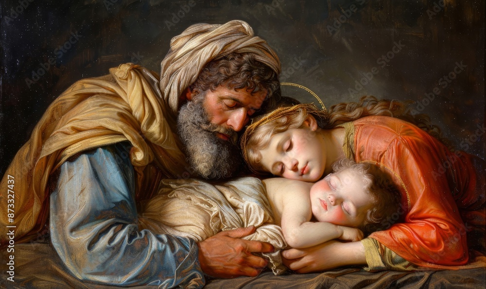 The Holy Family, Jesus, Mary and Joseph. Little baby jesus sleeping ...