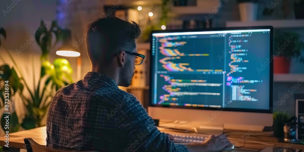 Programmer focused on coding on a computer screen, surrounded by code, representing software ...