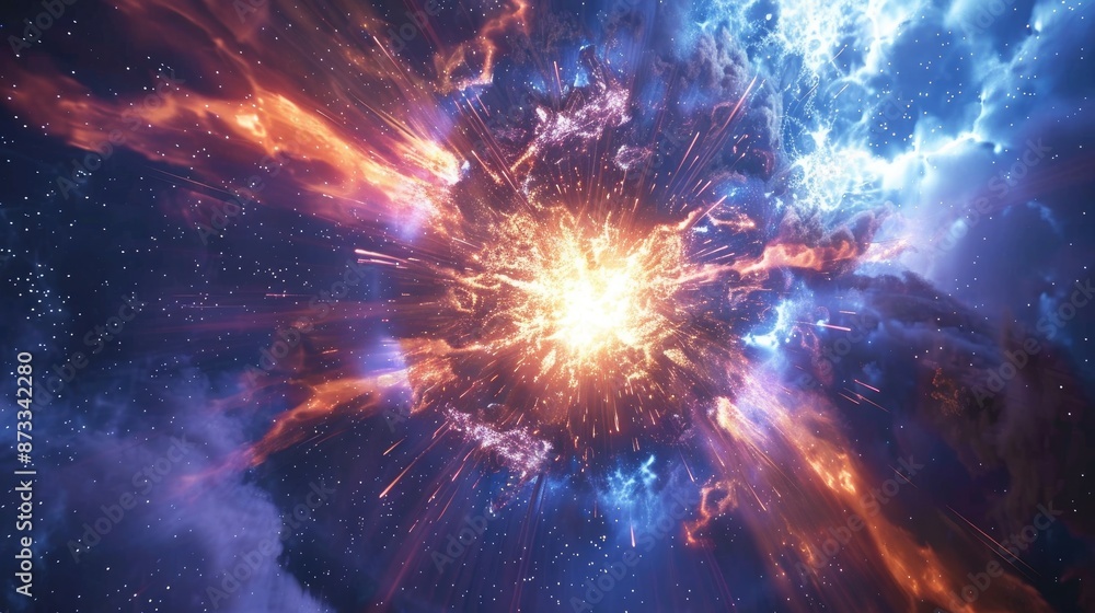 Thermonuclear plasma burst from center in sci fi setting Stock ...