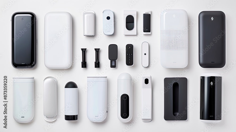 A group of sleek, modern electronic devices, primarily white, are ...