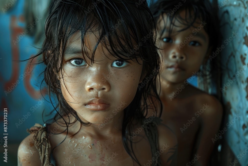 Two little homeless Asian children on a dirty street in a slum, looking ...