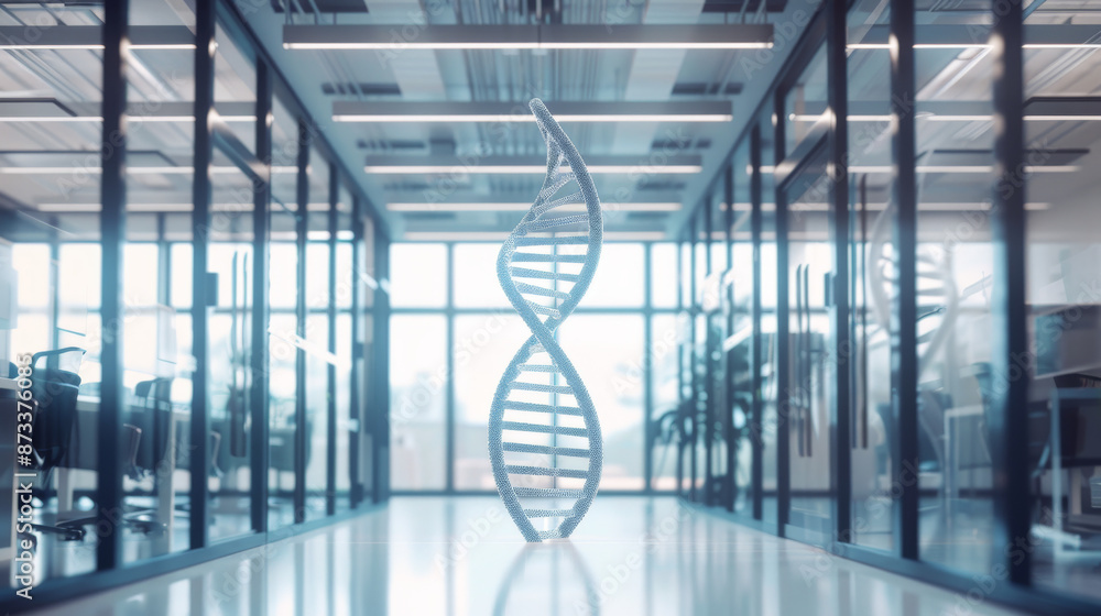 Virtual representation of the DNA symbol displayed in an empty office ...