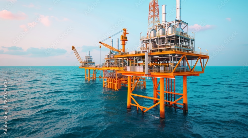 Coastal natural gas facility with offshore rigs, state-of-the-art ...