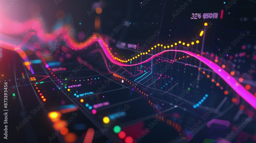 A detailed visualization of a financial timeline with a rising curve ...