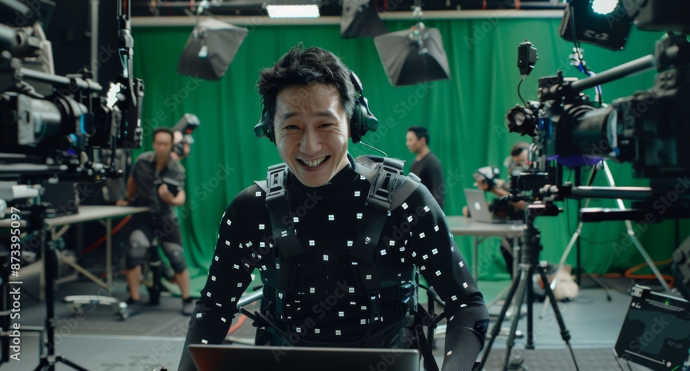 Actor in motion capture suit smiling on film set with green screen ...