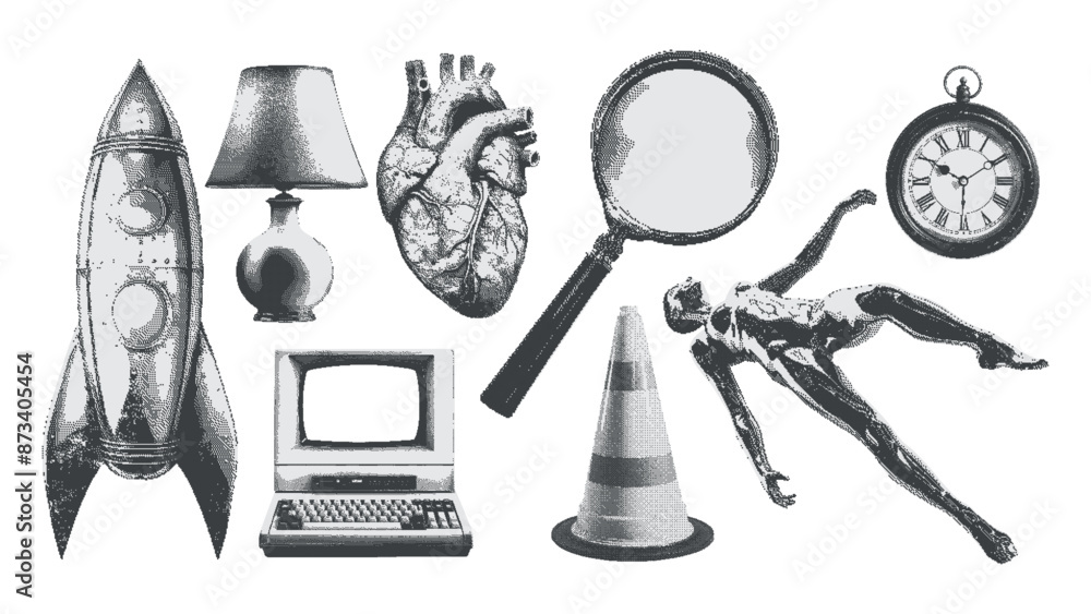 Surreal retro graphic kit. Rocket, computer, lamp, robot, magnifying ...