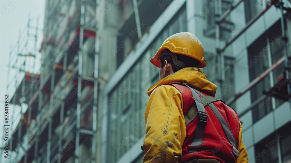 construction worker portrait from behind in a working site wearing ...