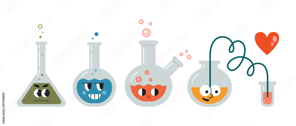 Cute laboratory test tubes, flasks with funny faces. Transparent ...