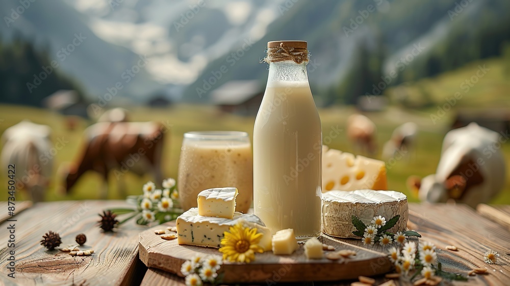 Milk, sour cream, cheese and cottage cheese on table on background of ...