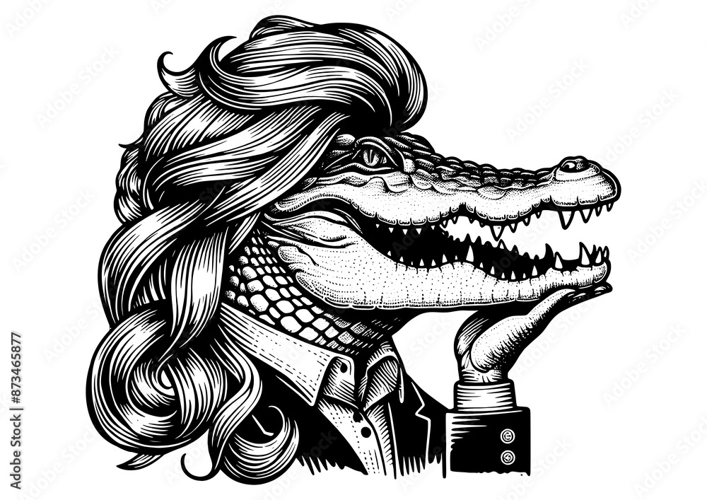 crocodile with a stylish hairdo and formal attire, unique and whimsical ...