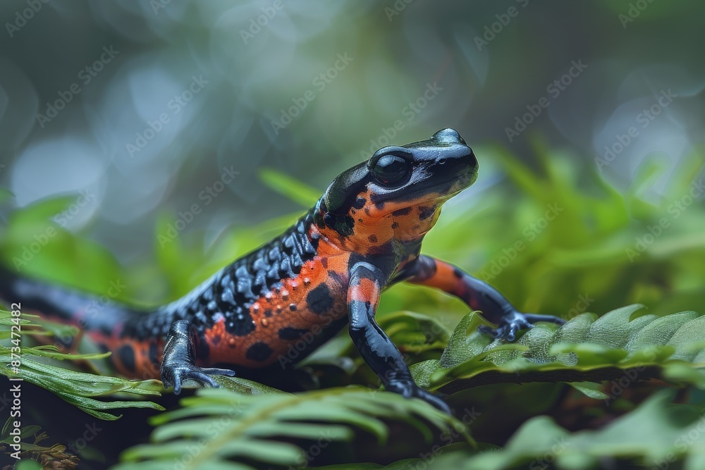 Full body view of Eastern Red-backed Salamander on leave in natural ...