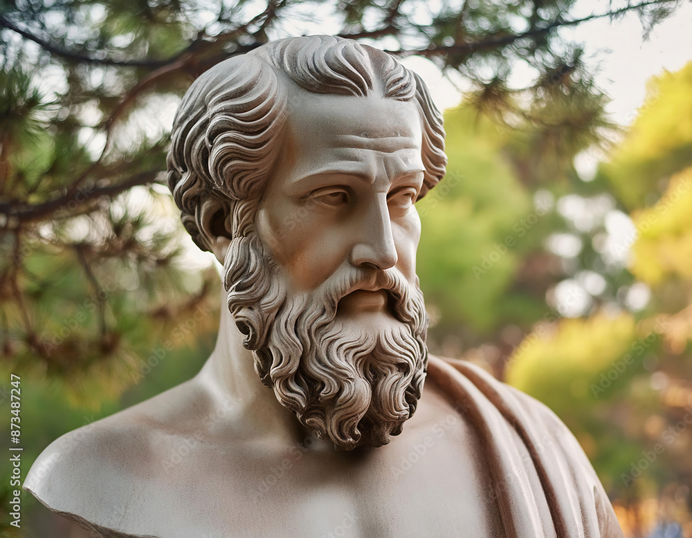 statue of a greek philosopher with a beard against natural background ...