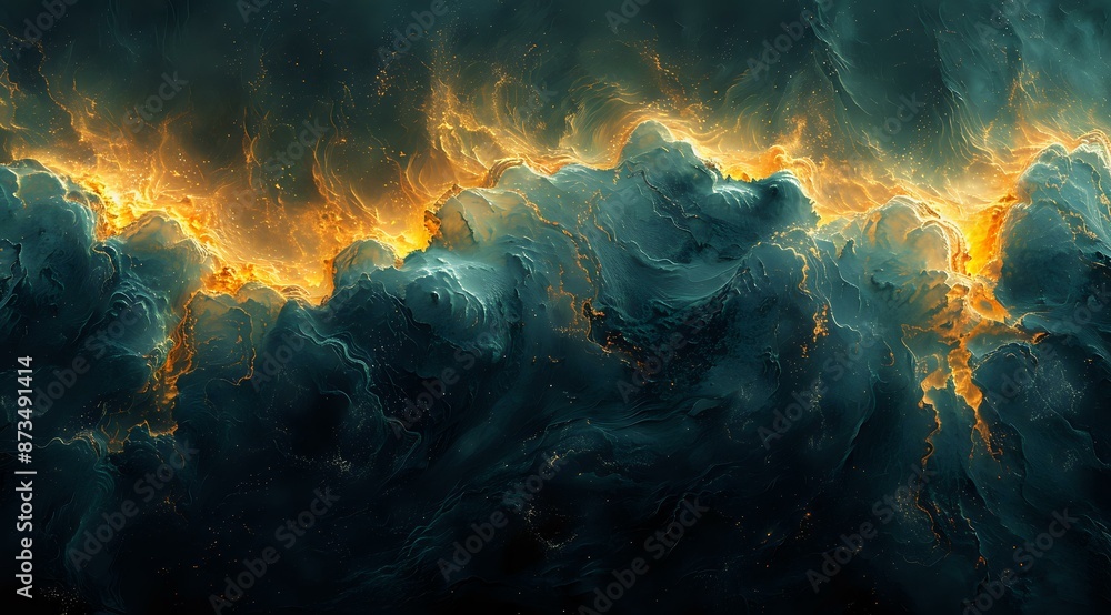 Dramatic abstract image of dark clouds with fiery edges, creating a ...