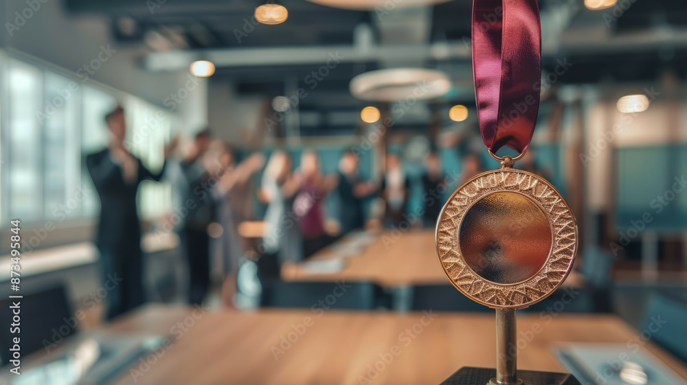 Team success. A golden medal hangs in a blurred office, symbolizing ...