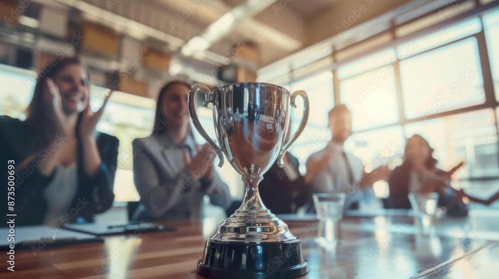 Team success. A gleaming trophy takes center stage as a team celebrates ...