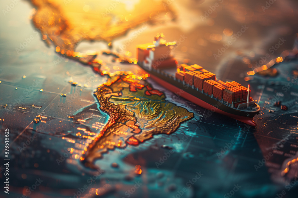 cargo container ship model over the world map. Shipownersip, wealth ...