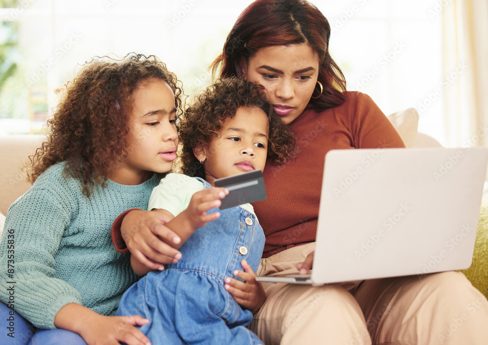 Mom, children and debit card in home for online shopping payment ...