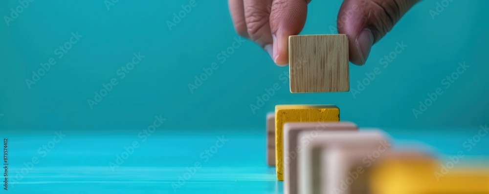 Hand stacking wooden blocks in a row on a turquoise background ...